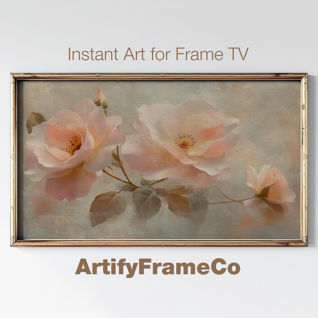 Vintage Frame TV Art, Pink Rose Flower Painting Frame TV Art, Moody ...