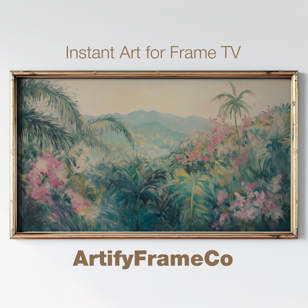 Tropical Garden Frame TV Art, Pastel Palm Mountain Landscape, Summer ...