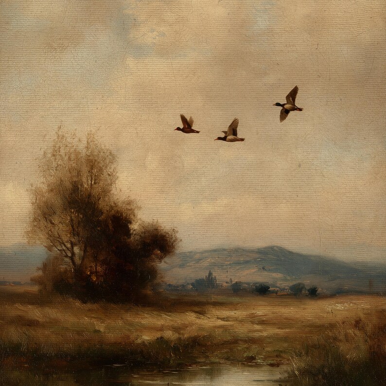 Vintage Duck Painting: Rustic Country Landscape Art, Bird Print ...