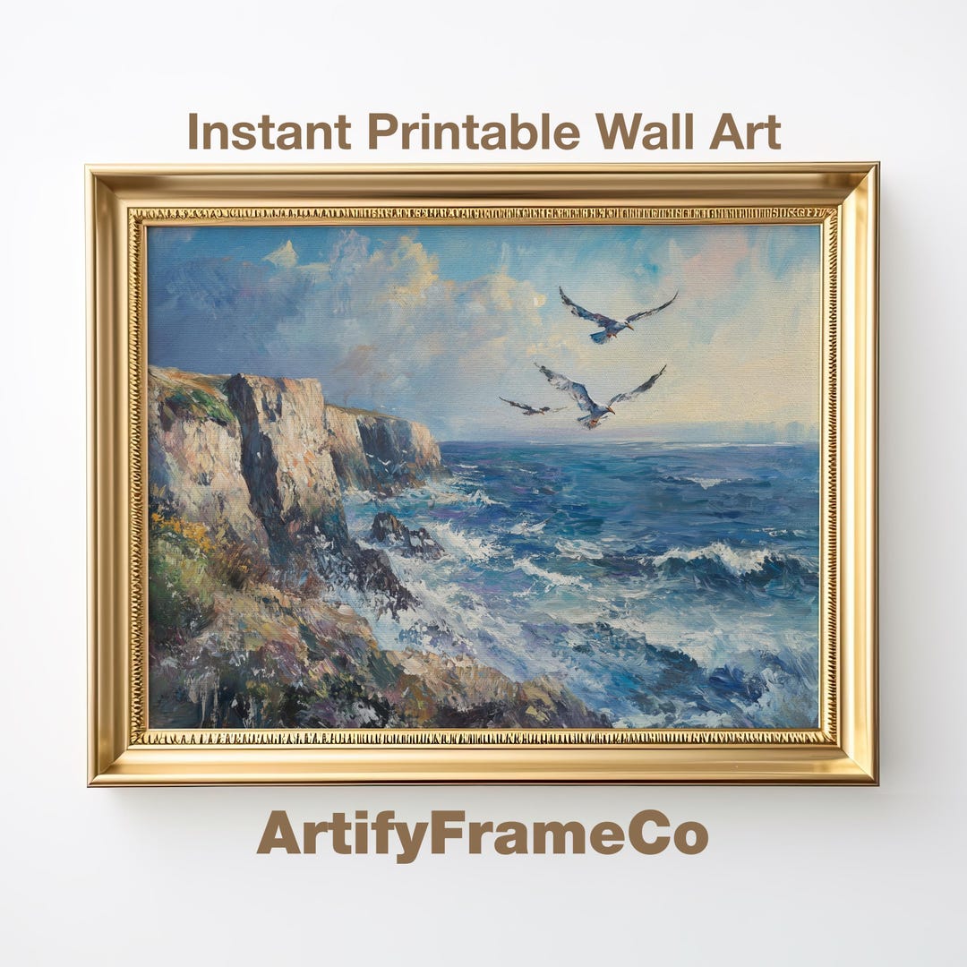 Coastal Cliff Print, PRINTABLE Seaside Wall Art, Shoreline Seagulls ...
