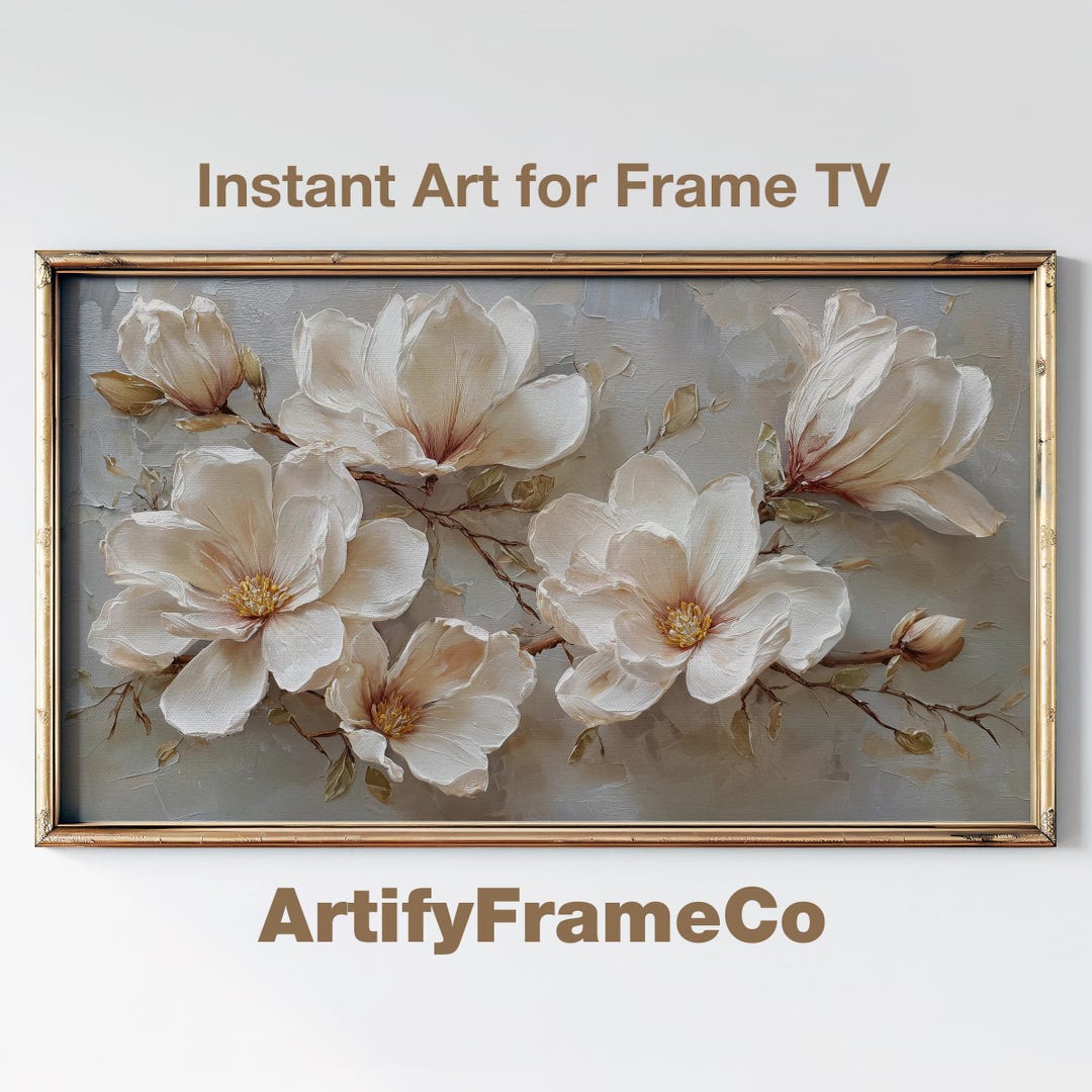 White Magnolia Frame TV Art, Soft Neutral Floral Branch Painting ...