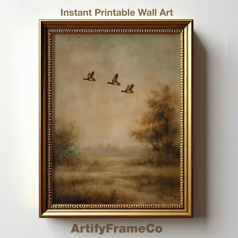 Flying Ducks Print, Vintage Marsh Landscape Wall Art, Neutral Nature ...