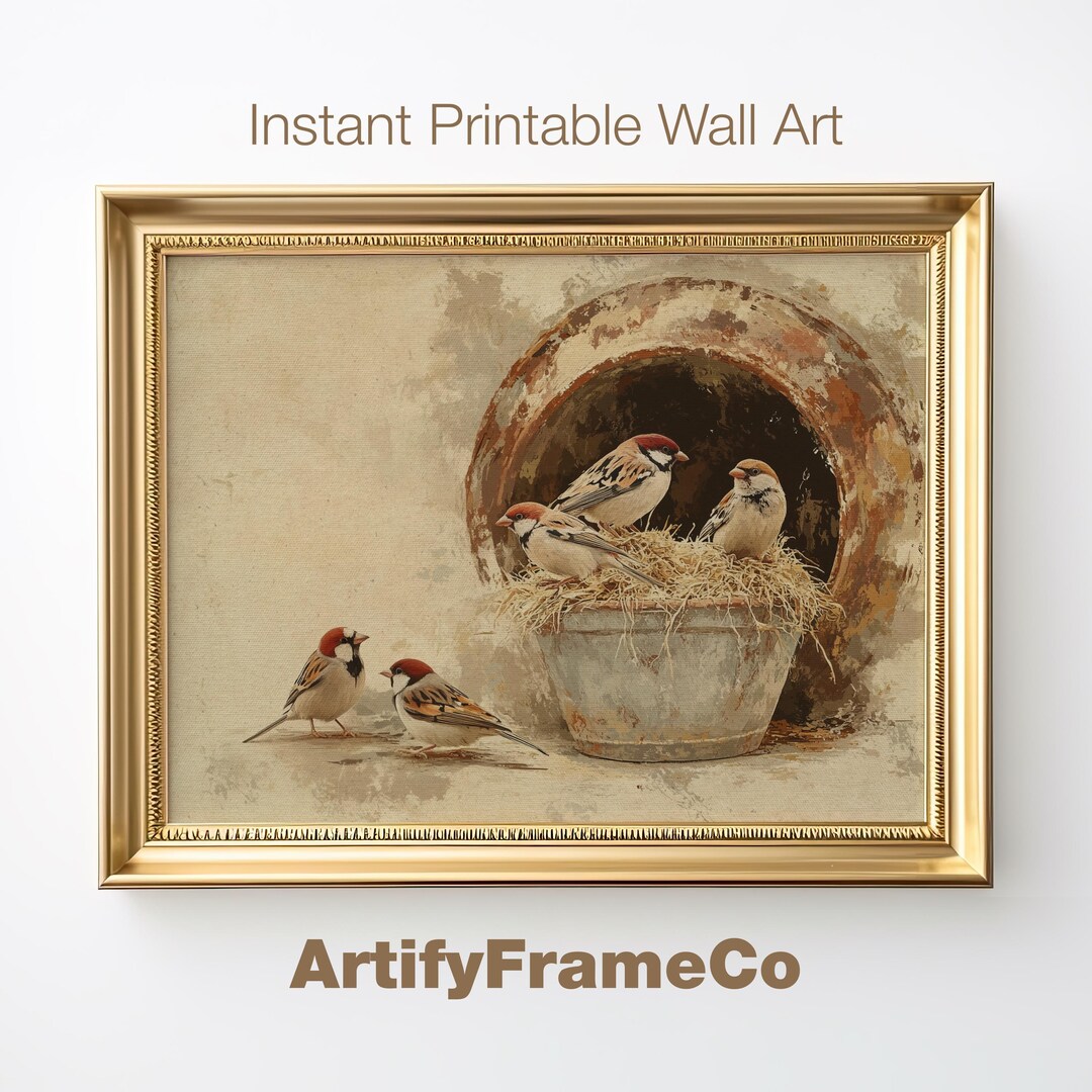 Rustic Sparrow Nest Printable Wall Art, Vintage Farmhouse Bird Print ...