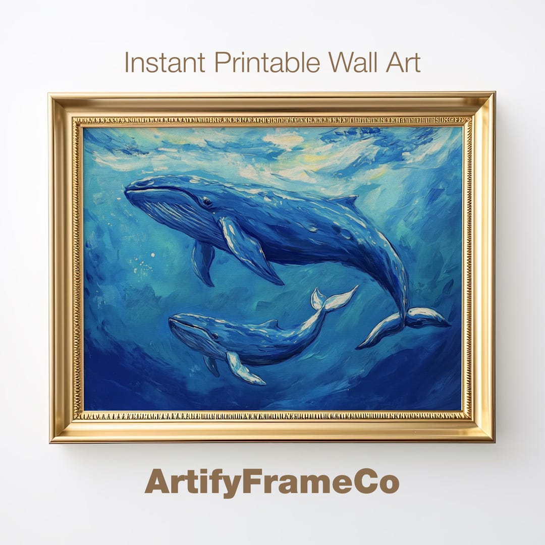 Blue Whale Marine Life Printable Wall Art, Summer Ocean Sea Life Art ...