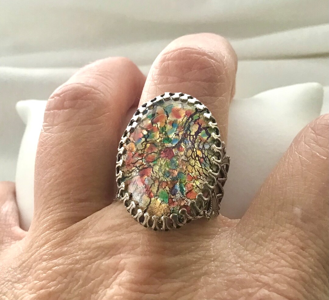 Oso FIREWORK Oso Opal Glass Stone Silver Ring - Etsy