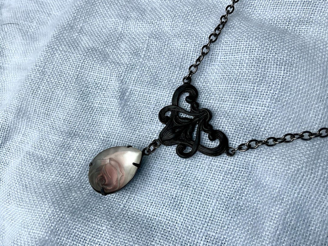 REBEL Victorian Pink Opal Roses Flower Glass Teardrop Black Metal ...