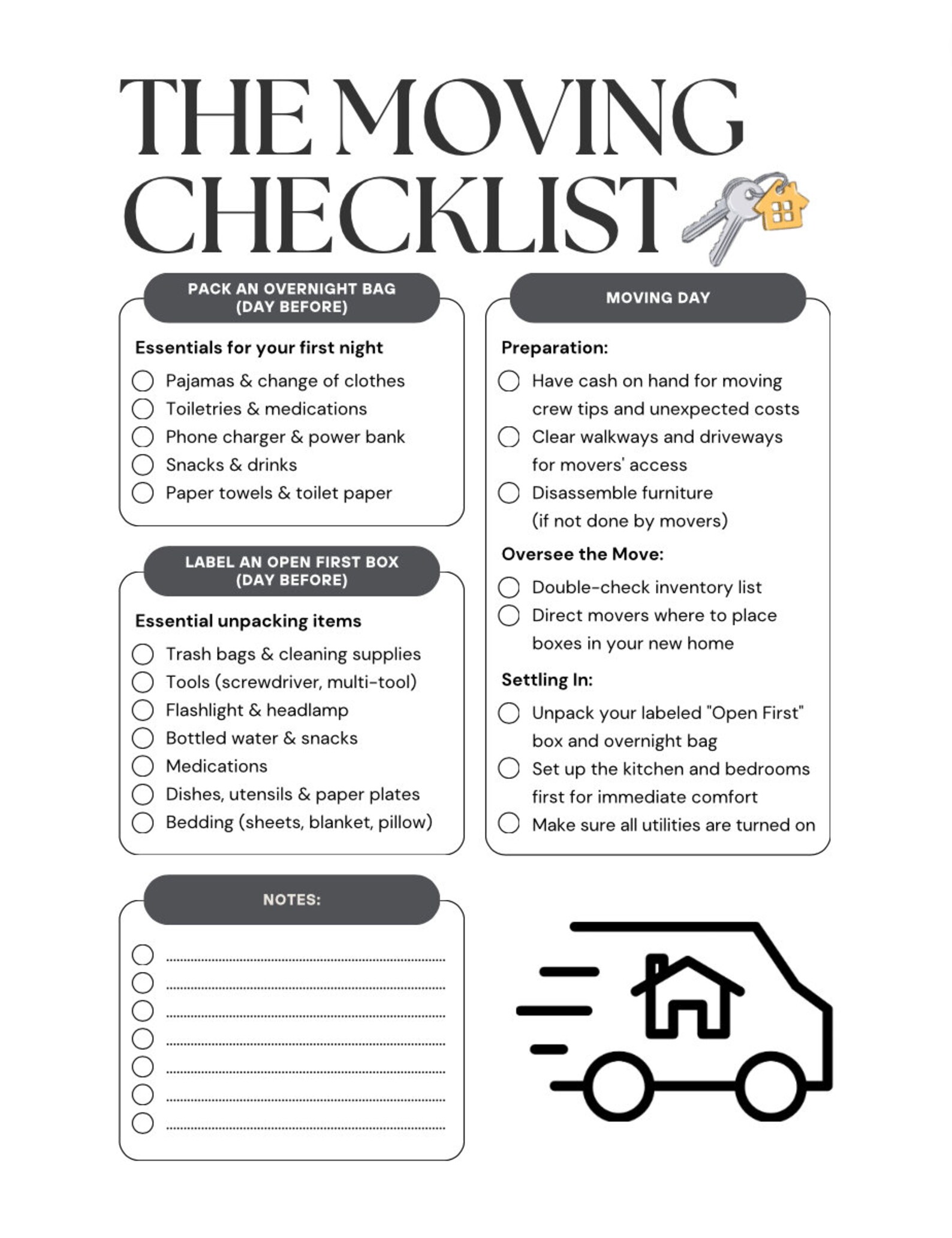 PRINTABLE MOVING CHECKLIST, Moving Planner, Printable Moving To-do List ...