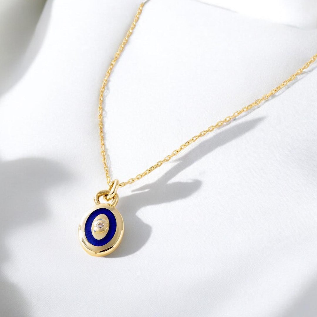 14k Solid Gold Blue Enamel Evil Eye Charm Necklaces for Women, Diamond Third Eye Jewelry, Dainty ...