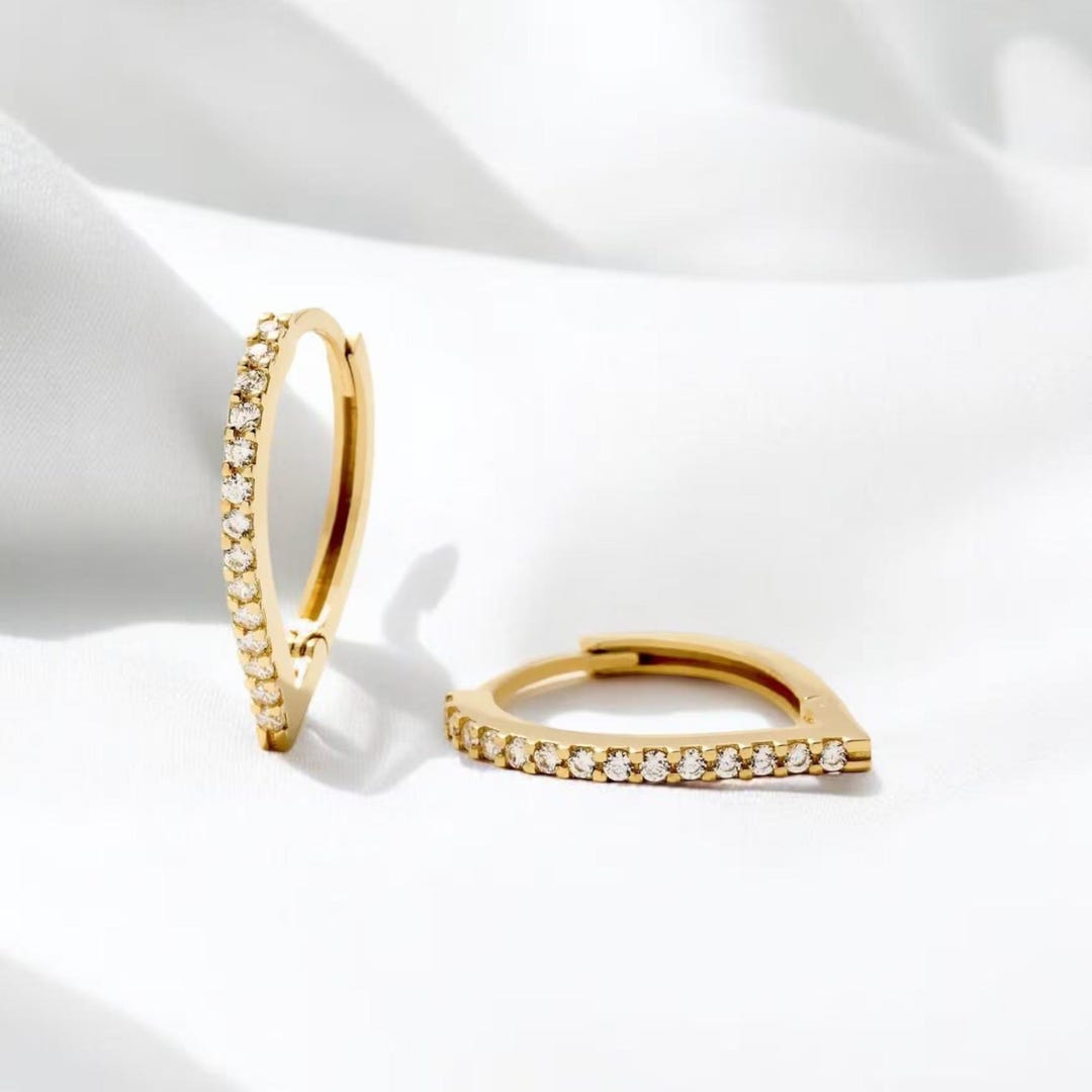 14K Yellow Gold Diamond Oval Triangle Earrings, 18K White Gold Open ...