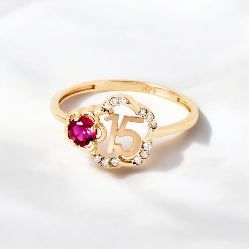 14k Solid Gold Quinceanera 15th Birthday Beautiful Crown Ruby Cz Ring ...