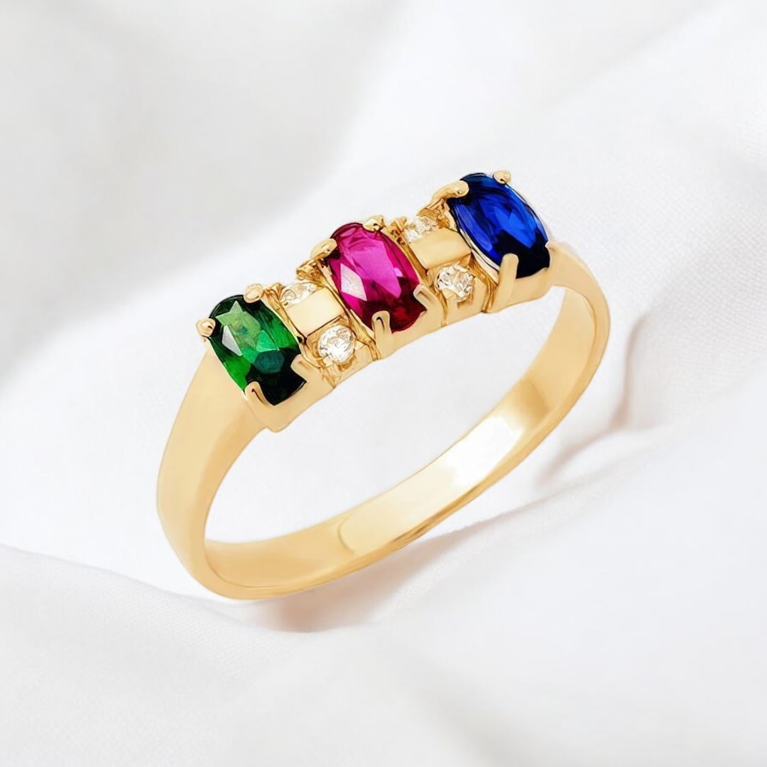 14k Solid Gold Three Stone Birthstone Ring, Oval Cut Triple Multi ...