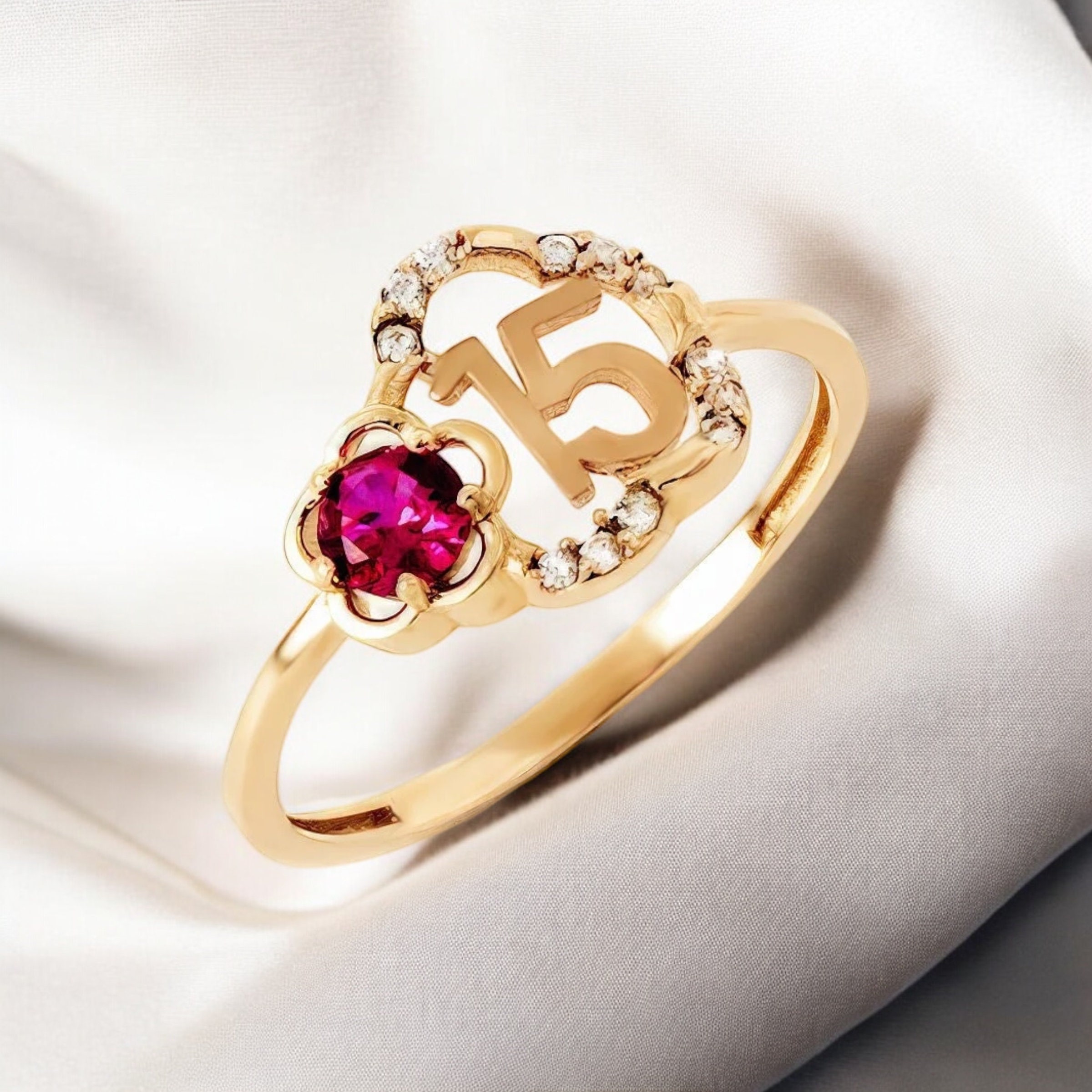 14k Solid Gold Quinceanera 15th Birthday Beautiful Crown Ruby Cz Ring ...