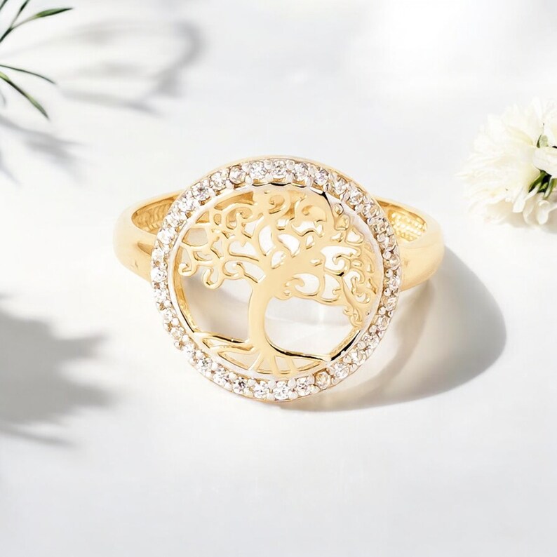 14k Solid Gold Flower Ring for Women, Tree of Life Charm, Ring Family ...