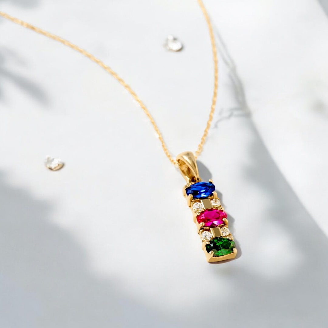 14k Gold Personalized Triple Birthstone Necklace, Family Multi-stone ...