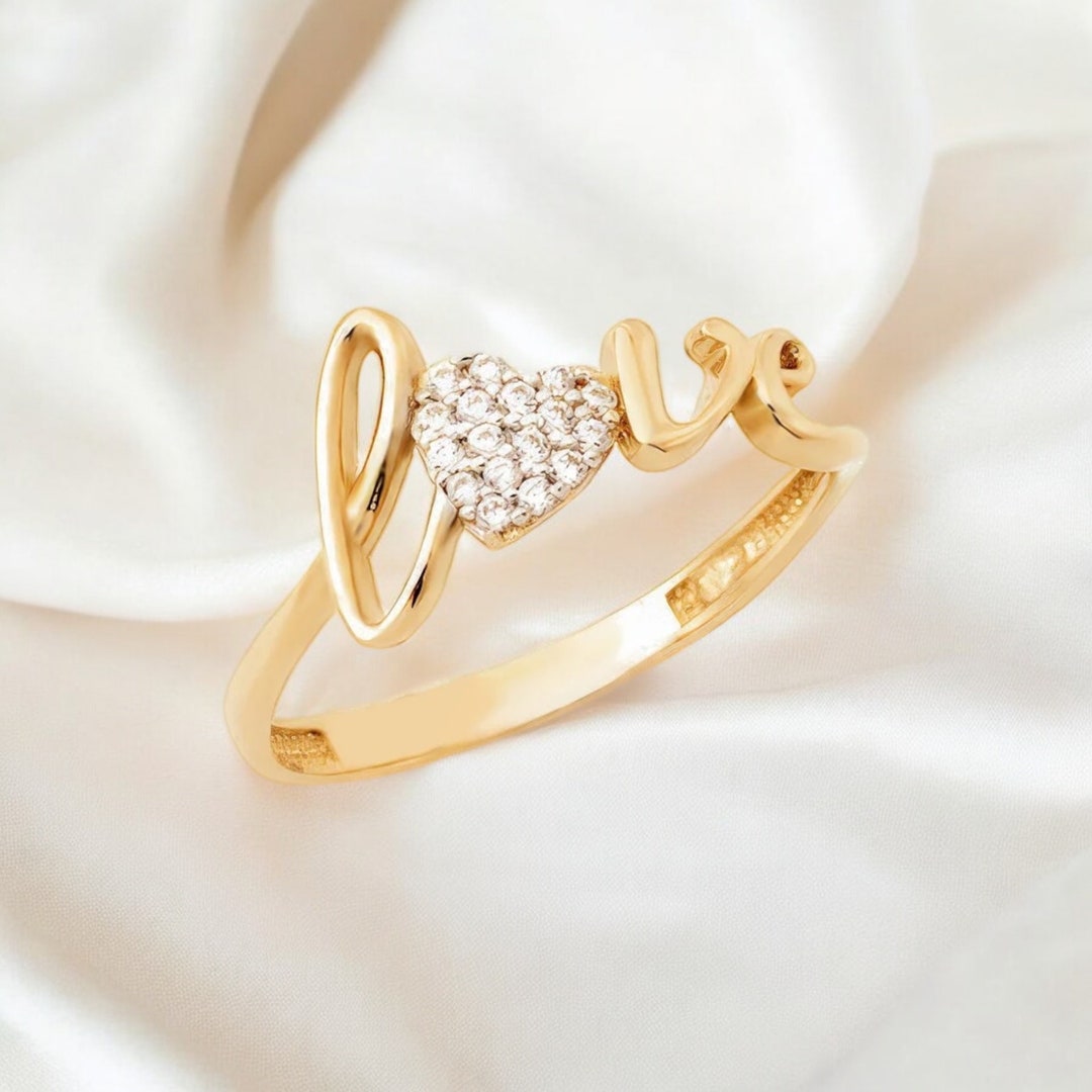 14K Solid Gold Script Love Ring With Pave Diamond, Dainty Love Ring, Rose Gold Pave Heart ...