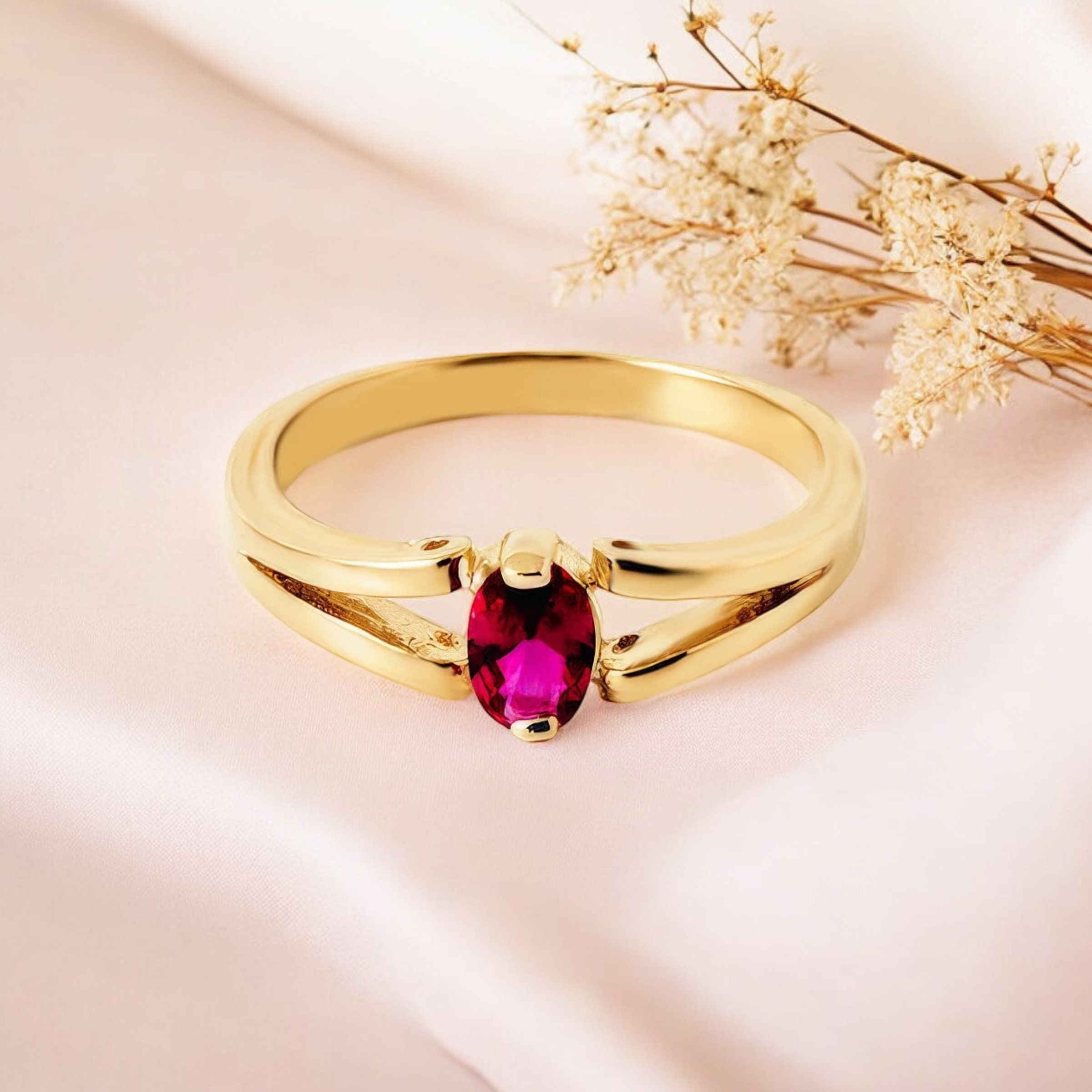 Oval Cut Ruby Ring 14K Solid Gold, July Birthstone Ring, 14K Real Gold ...