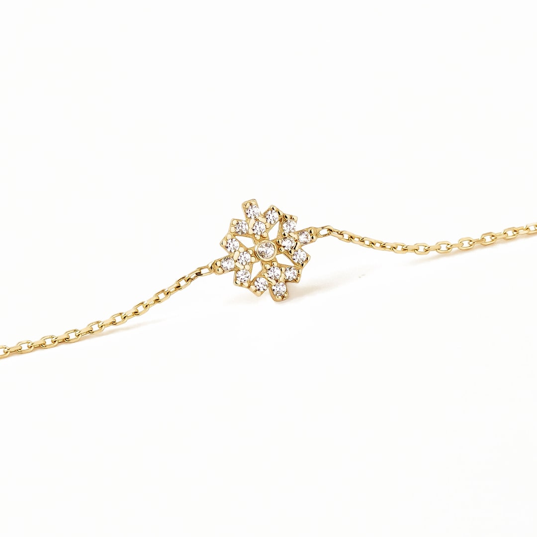 14k Solid Gold Diamond Cluster Flower Bracelet With Thin Gold Chain ...