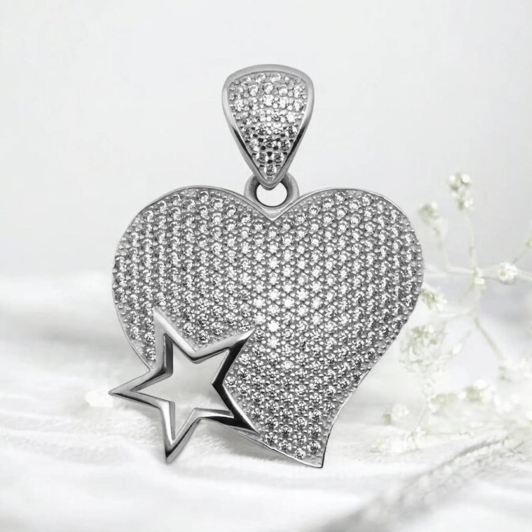 14K Solid Gold Diamond Open Heart Star Necklace, Pave Diamond Heavy ...