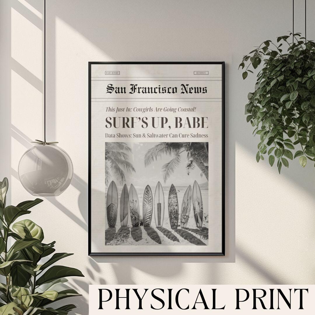 Surf’s up Babe Coastal Newspaper Print Retro Surfer Girl Wall Art ...