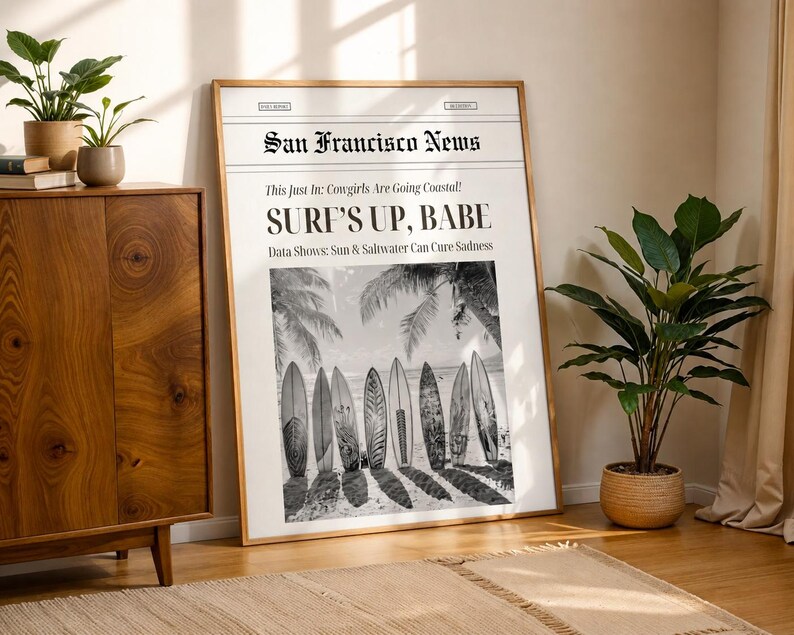 Surfs up Coastal Surf Poster San Francisco Newspaper Style Beach Wall ...