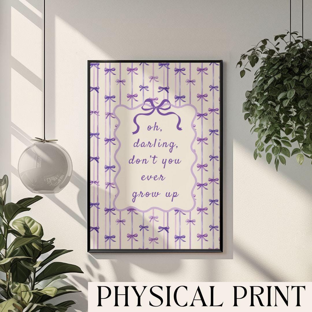 Never Grow up Poster Purple Bow Wall Art Baby Girl Nursery Decor ...