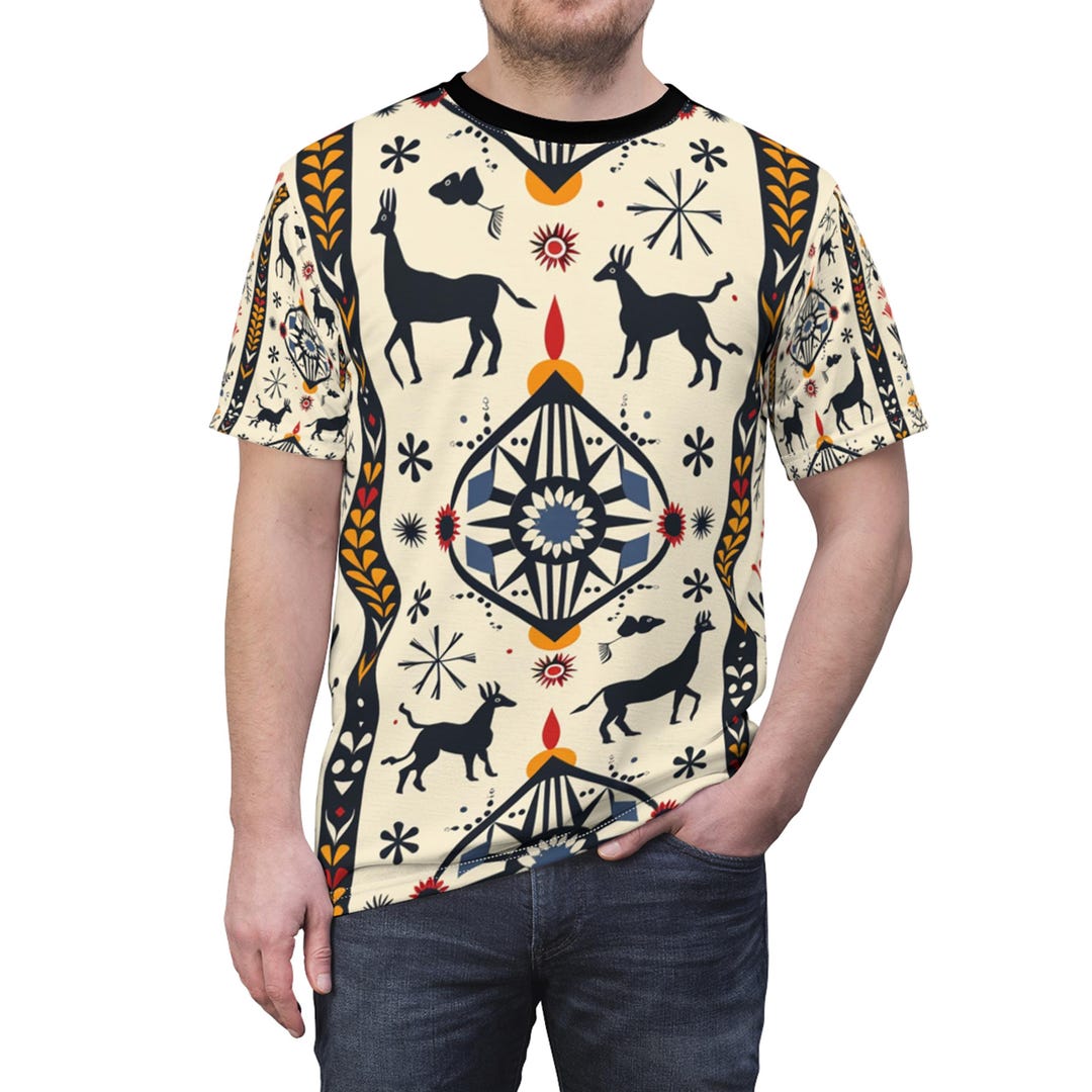 Bohemian Animal Print Unisex Cut & Sew Tee, Artistic Graphic Tee, Retro ...