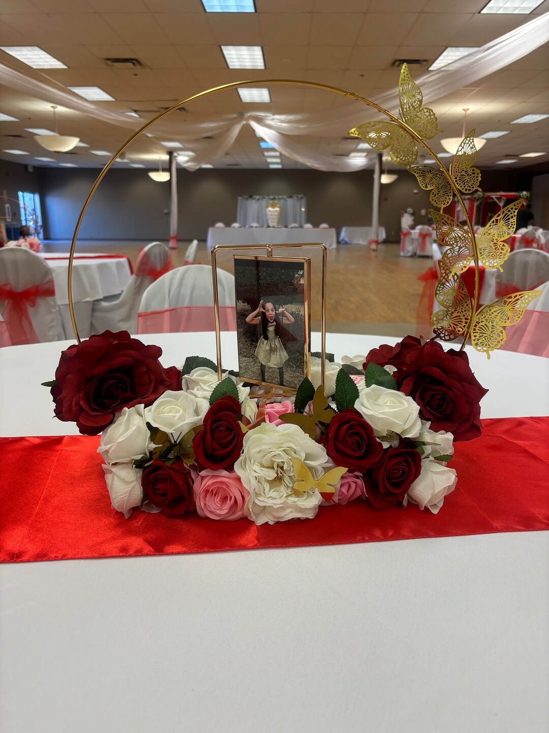 White, Pink, and Red Gold Hoop Floral Centerpiece With Gold Butterflies ...