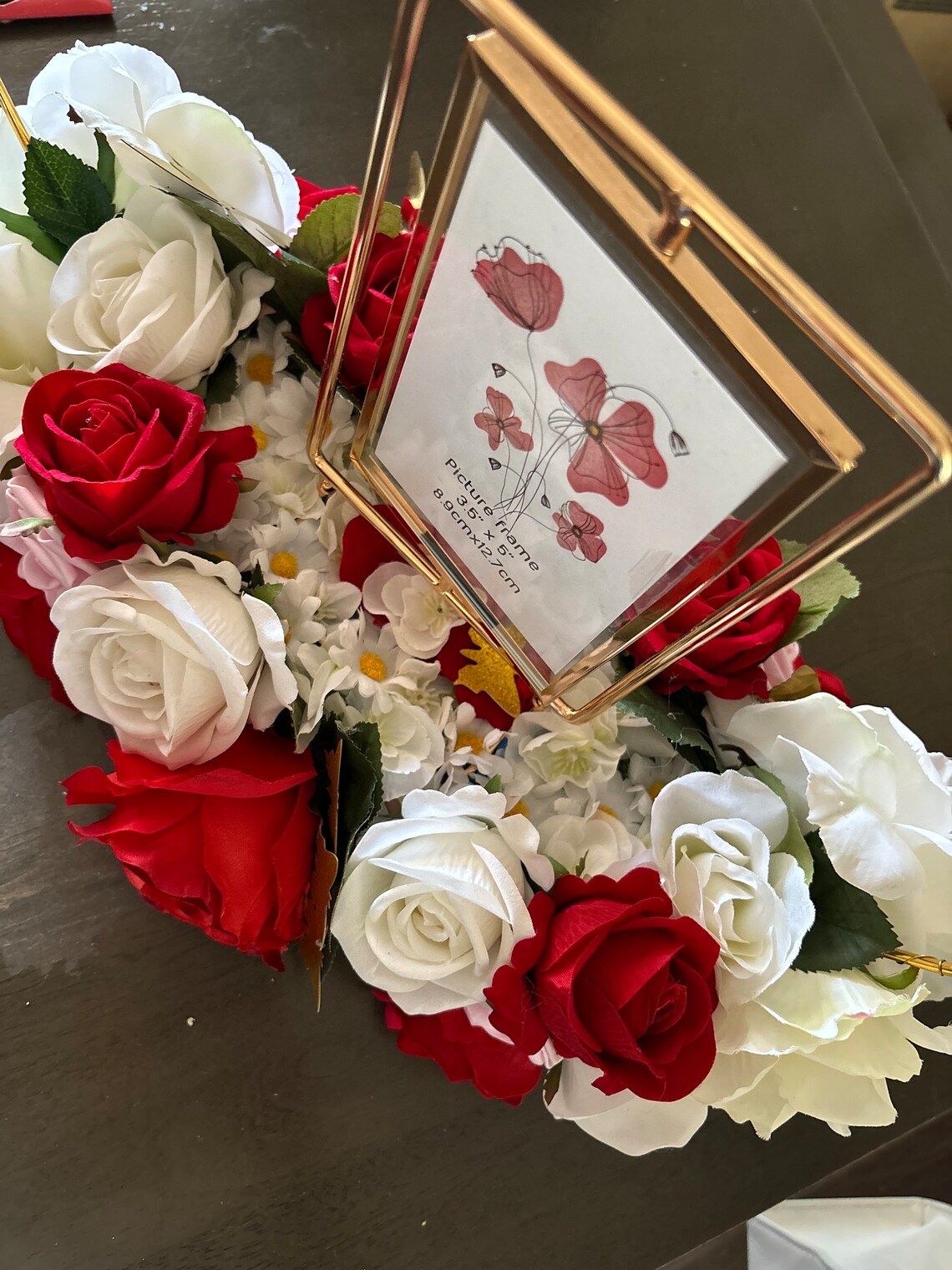 Red, Pink, and White Gold Hoop Floral Centerpiece With Gold Butterflies ...