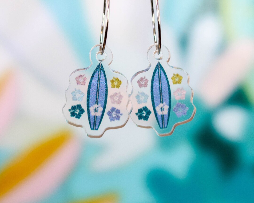 Surfboard Earrings, Surf Jewelry, Beach Gift, Hibiscus Flowers - Etsy