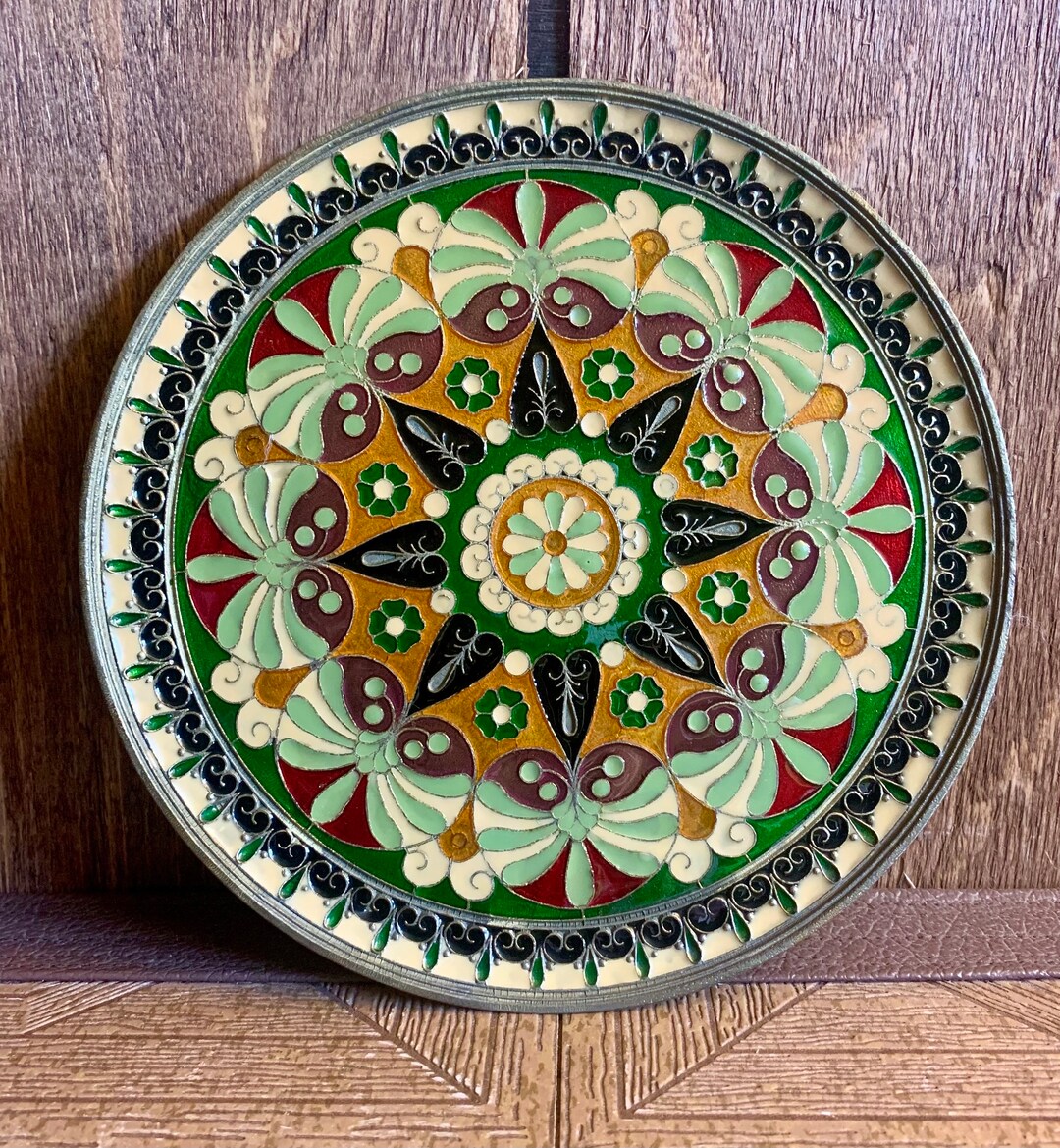 Vintage Greek Enamel Brass Plate Mosaic - Etsy