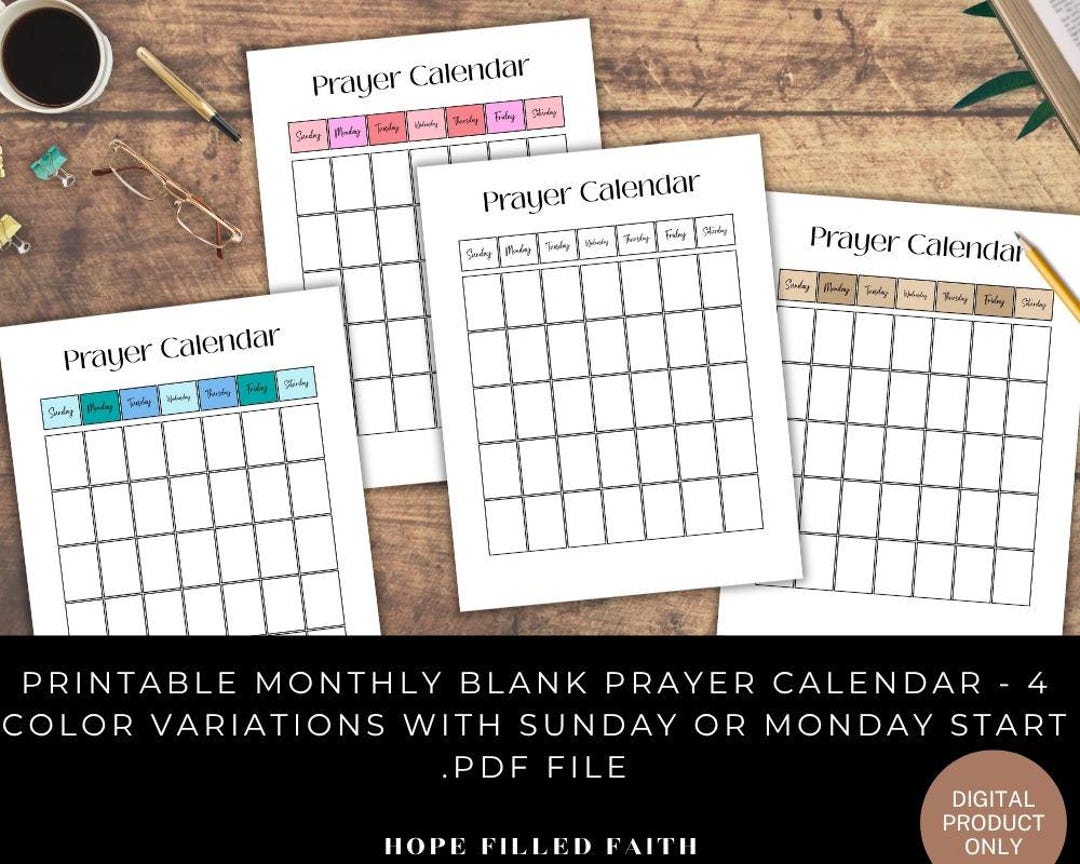 Printable Monthly Prayer Calendar – 4 Color Options, Sunday or Monday ...