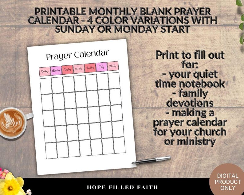 Printable Monthly Prayer Calendar – 4 Color Options, Sunday or Monday ...