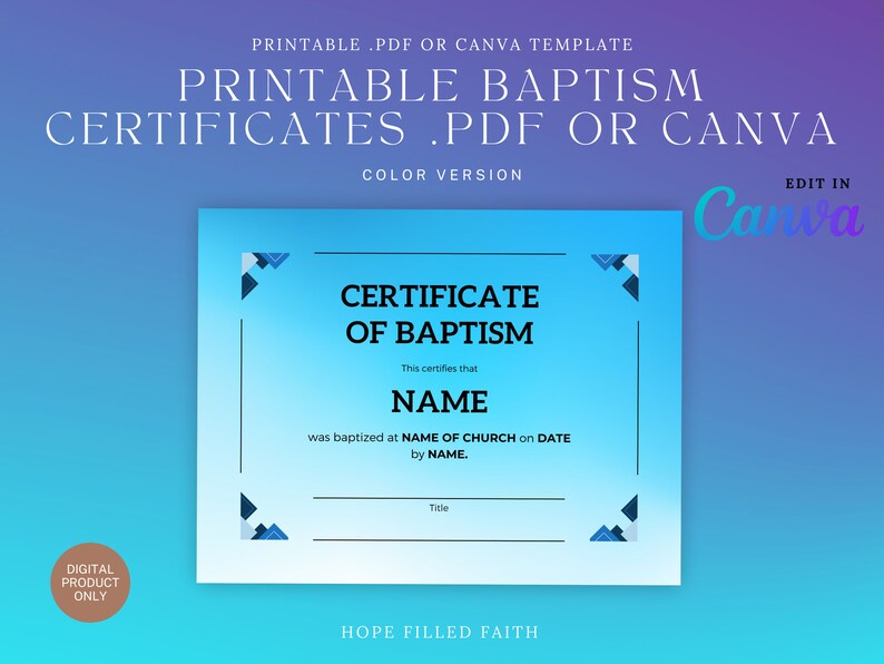 Printable Baptism Certificates for Church Baptism .PDF + Editable Canva ...