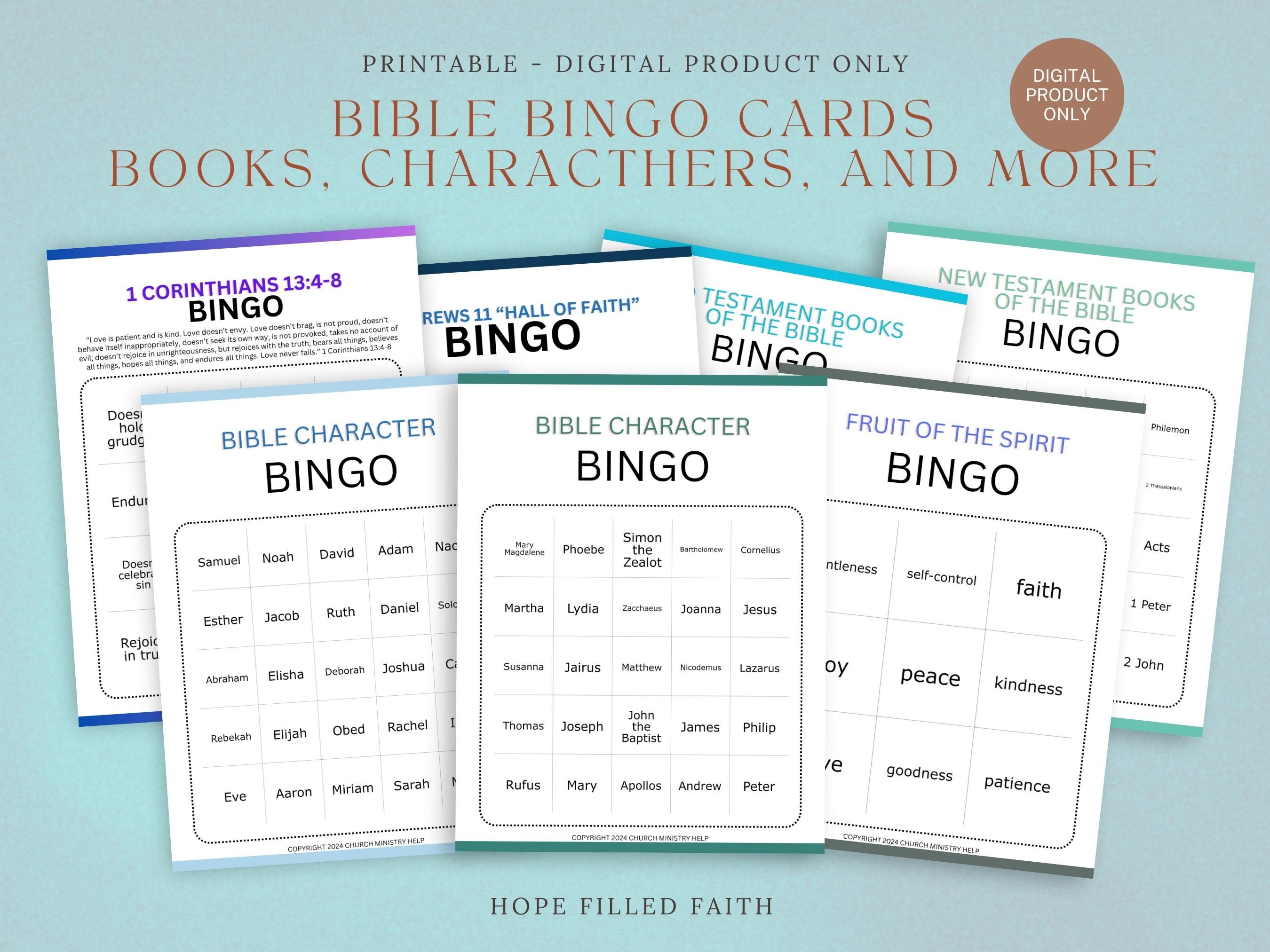 Printable Bible Knowledge 7 Game Bingo Set - Books of the Bible, Bible ...