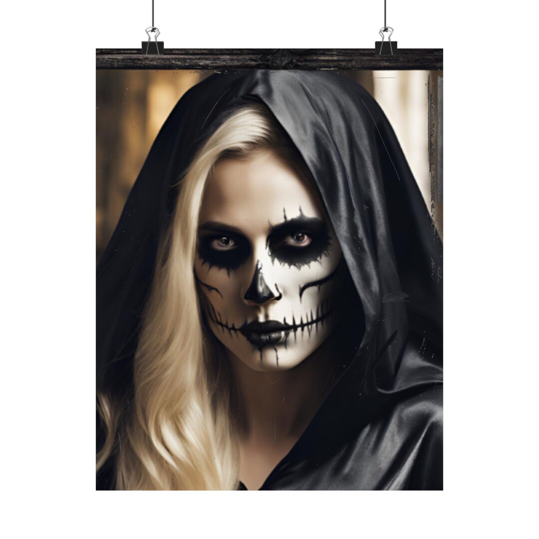 Gothic Blonde Zombie Woman Poster Dark Hooded Skeleton Art Print ...