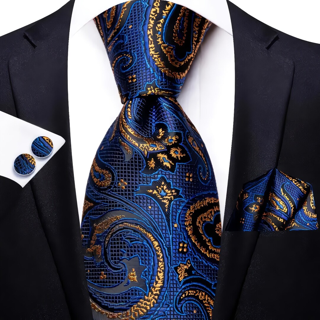 2024 Navy Blue Floral Striped Silk Elegant Tie for Men Groom Wedding ...