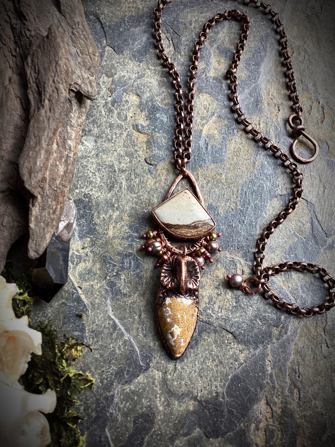 Jasper Owl Copper Electroformed Totem Talisman Spirit Animal Amulet ...