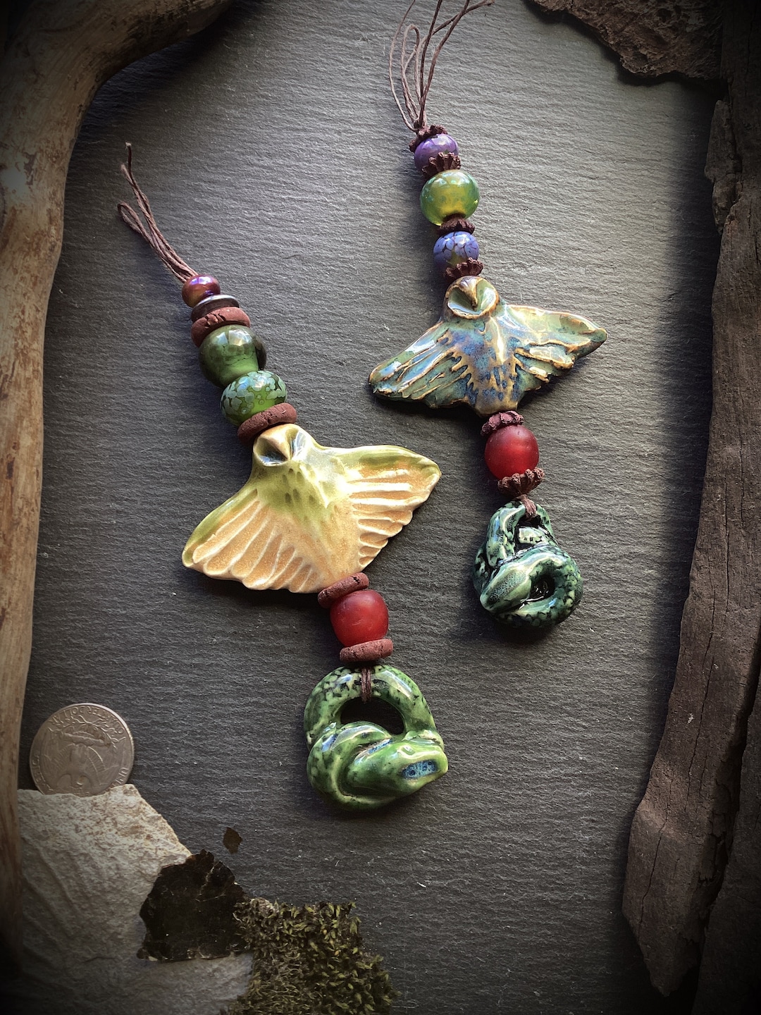 Art Bead Set Ceramic and Lampwork Glass Owl and Snake Predator and Prey ...