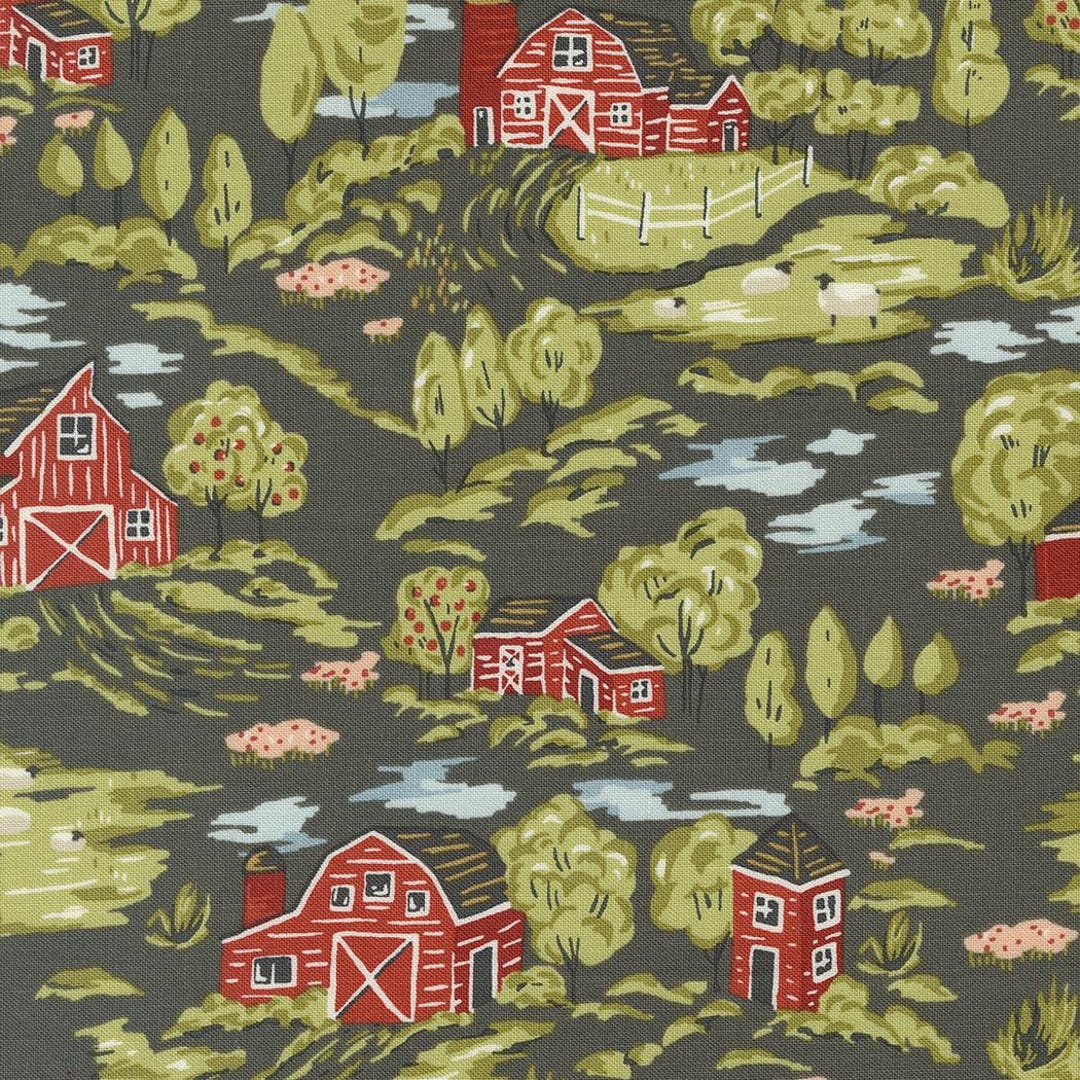 Farmstead Vintage Farm Scene Charcoal Yardage by Stacy Iest Hsu for ...