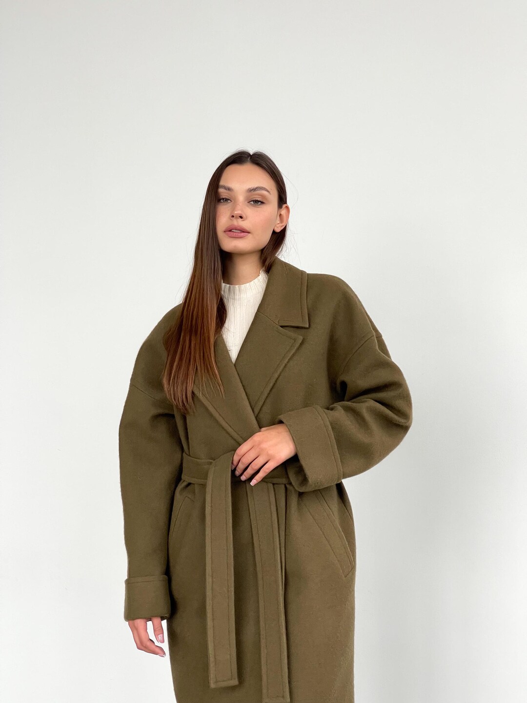 Olive Wool Coat, Wool Coat Women, Fall Autumn Belted Coat, Lined Double ...