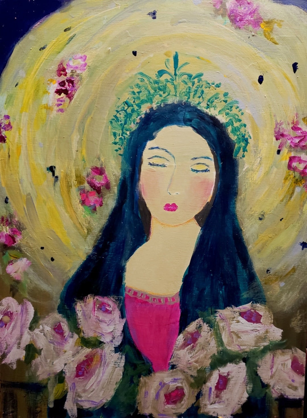 Madonna With Crown, Flowers in Her Hair Print, Headdress, Lady Art ...