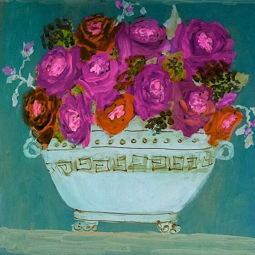 Roses Magenta Aqua Vase of Flowers Print - Etsy