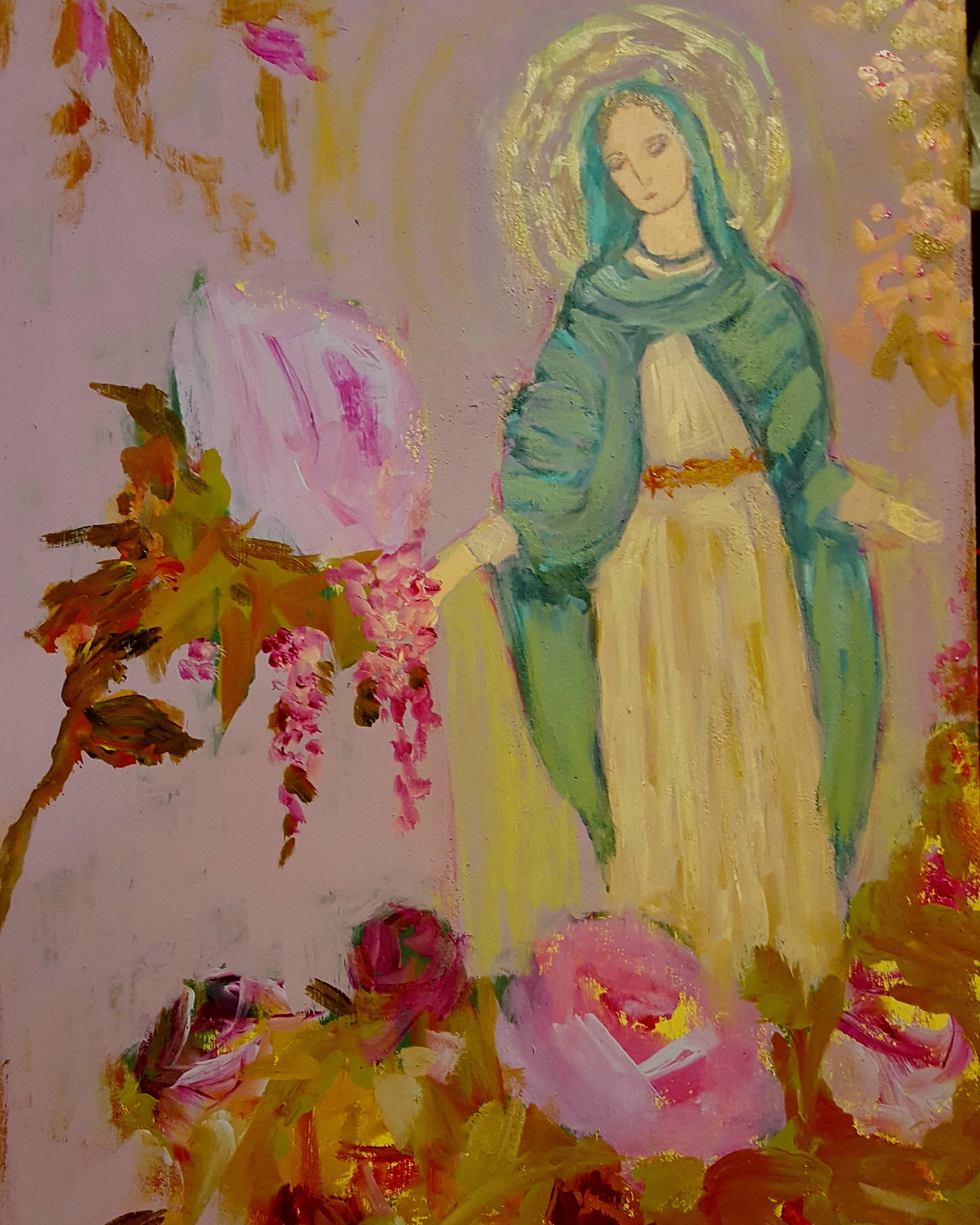 Madonna, Mary, Blessed Mother, Blue, Teal, Roses, Pink, - Etsy