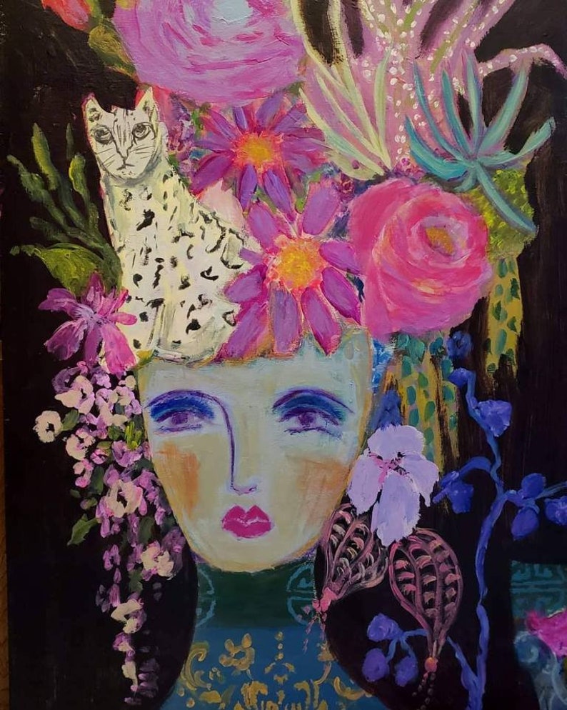 Cheetah Lady, Flowers in Her Hair Print, Headdress, Lady Art, Painting ...