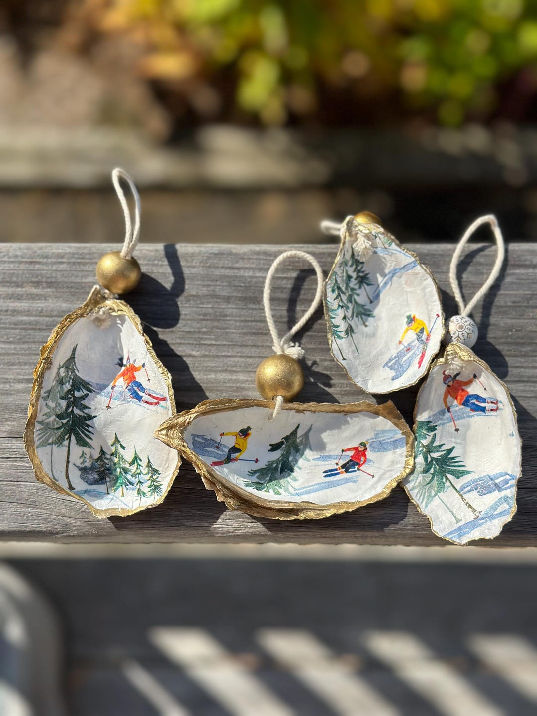 Skiers Oyster Shell Ornaments and Bottle Stoppers. Cape Cod Decor ...