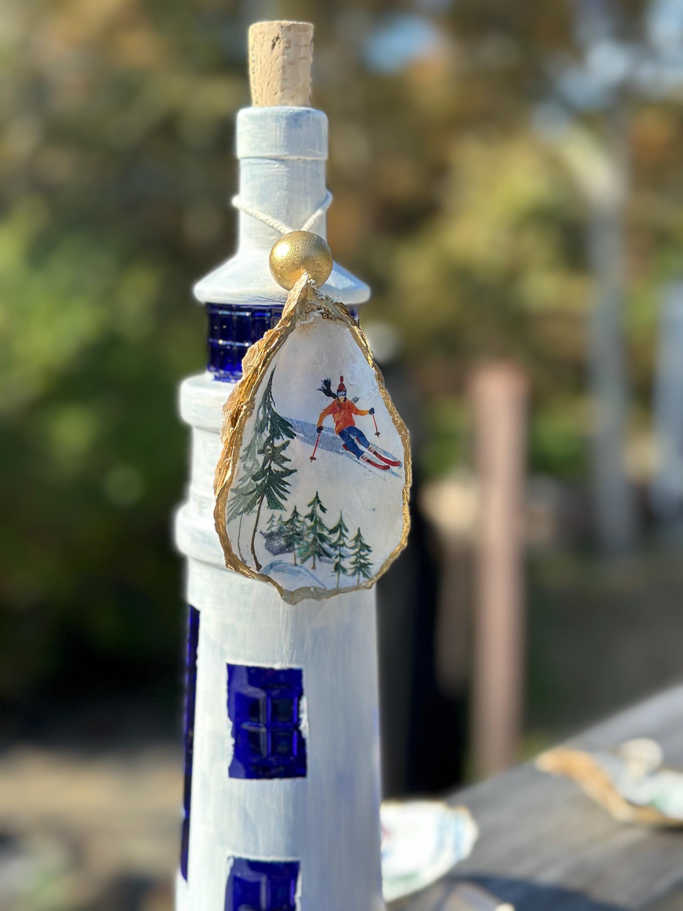 Skiers Oyster Shell Ornaments and Bottle Stoppers. Cape Cod Decor ...