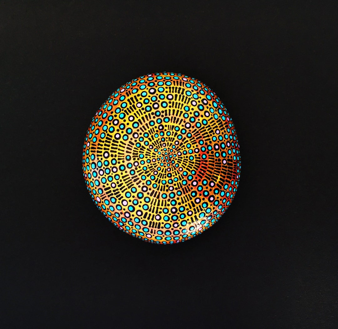 Dot Painted Rock Gold and Black Mandala Stone Hand Painted Beach Stone ...