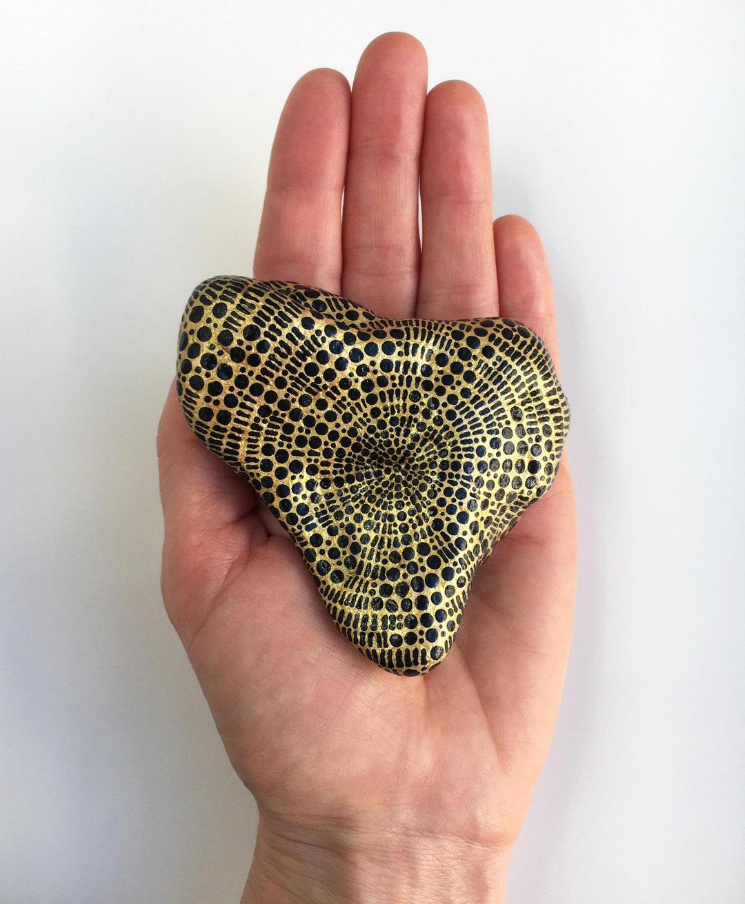 Dot Painted Mandala Stone Gold & Black Rock Heart Shaped Pebble ...