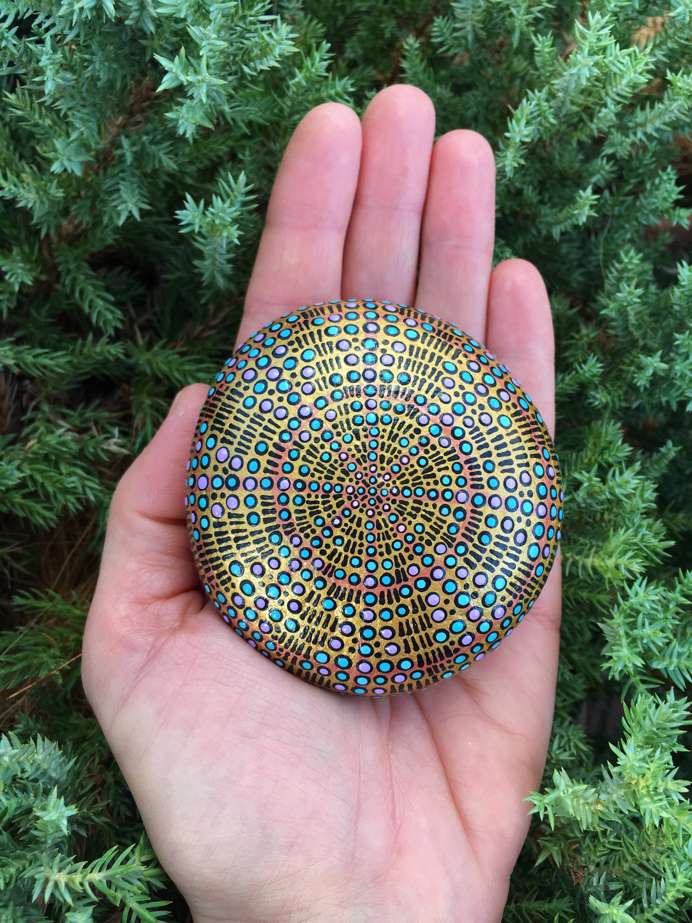 Dot Painted Rock Gold and Black Mandala Stone Hand Painted Beach Stone ...