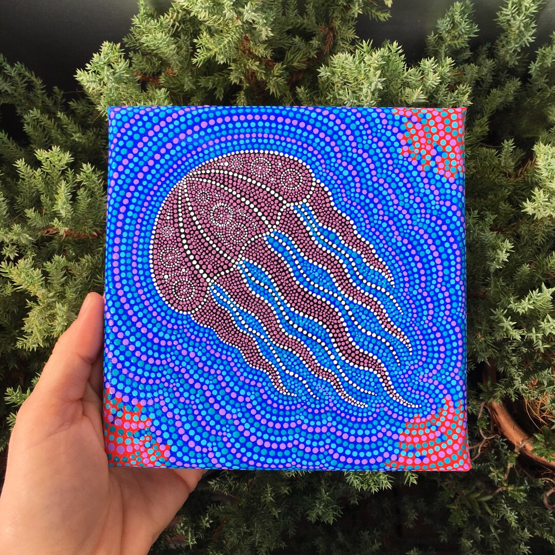 Dot Painting on Canvas Jelly Fish Art Hand Painted 6 х 6 '' Canvas ...
